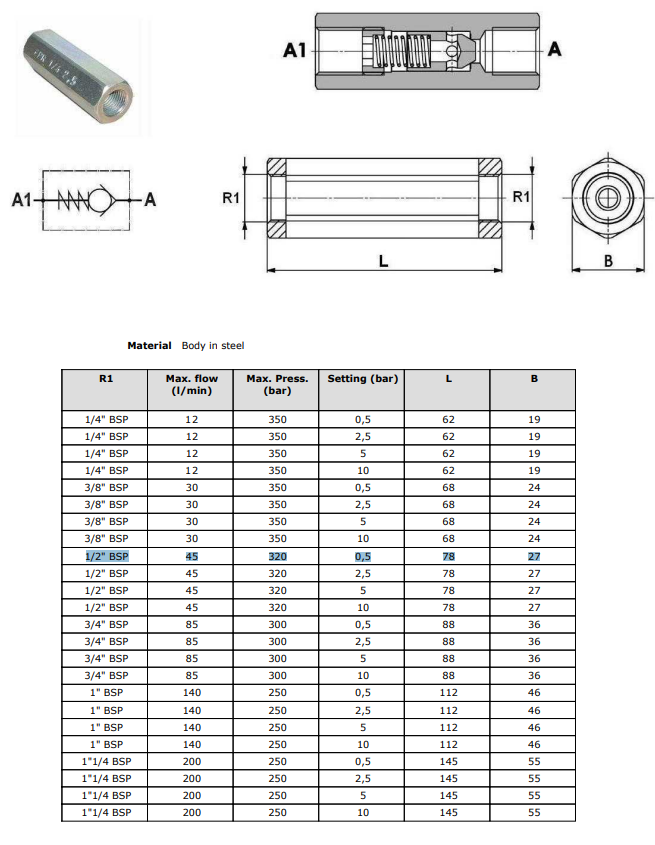 Tagasilöögi klapp 1/2" 0,5bar @ TRABIFLEX HÜDRAULIKA JA KINNITUSVAHENDID